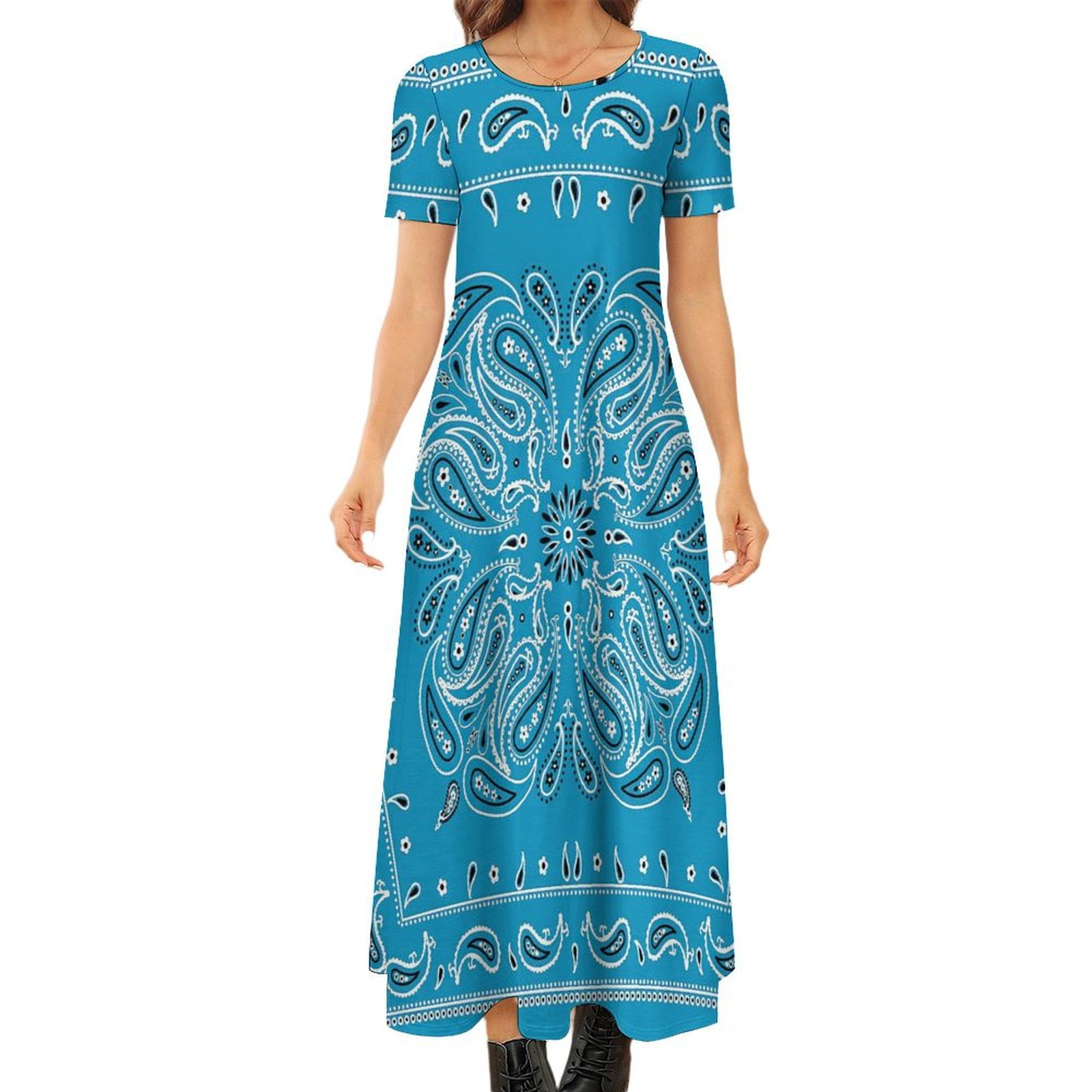 Blue Paisley Bandana Print Maxi Dress for Women Crew Neck Beach Dress ...