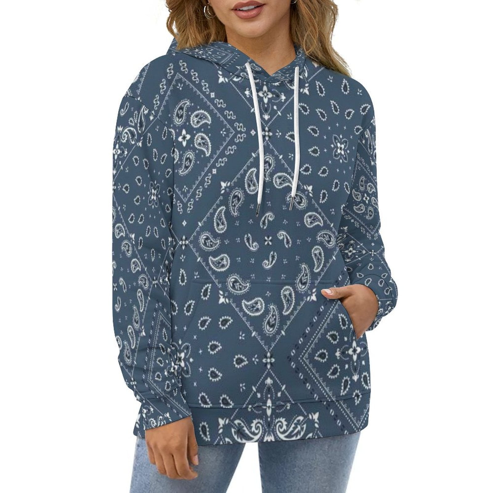 Blue Paisley Bandana Print Oversized Hoodies For Woman Pullover With ...
