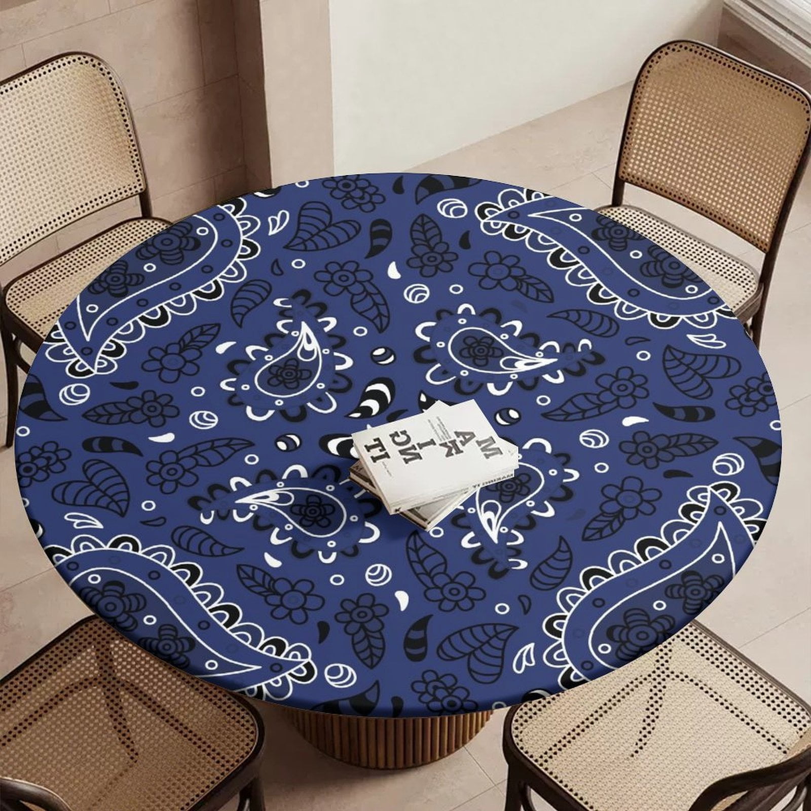 Blue Paisley Bandana Print Round Table Cover Kitchen Printed Waterproof ...