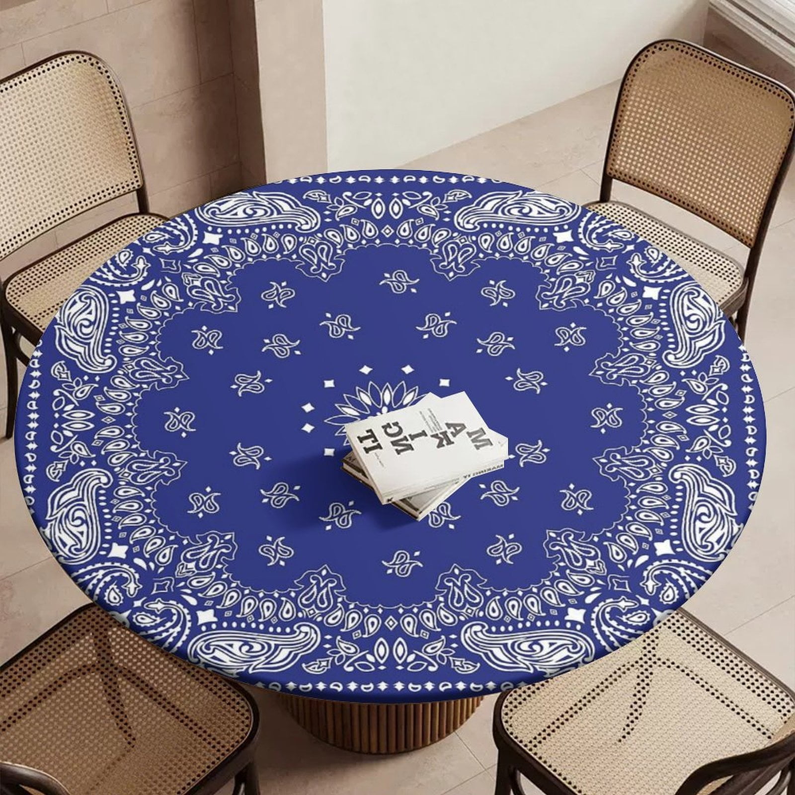 Blue Paisley Bandana Round Table Cover Kitchen Printed Waterproof ...