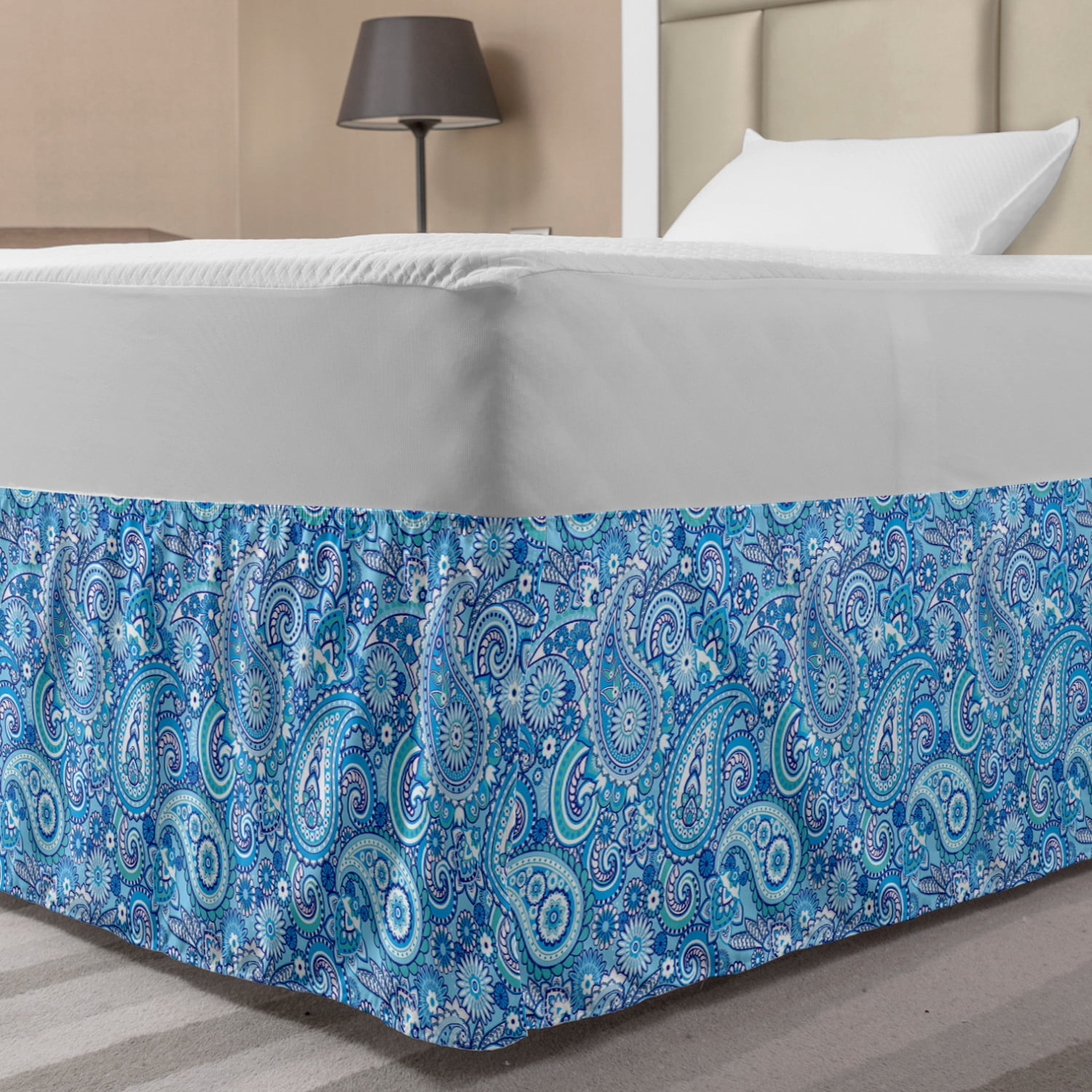 Blue Paisley Bed Skirt, Repetitive Folk Art Pine Cone Shaped Motif in ...
