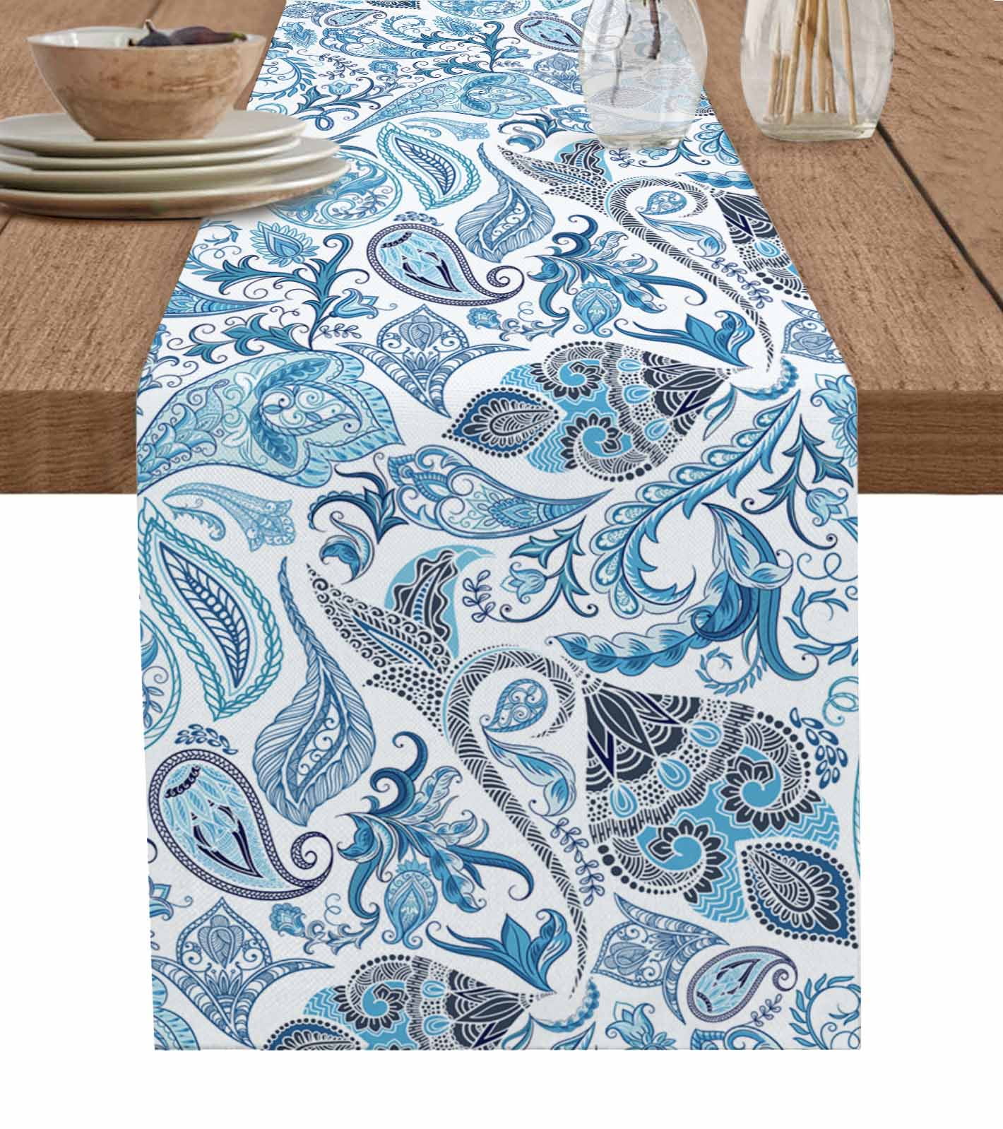 Blue Paisley Burlap Cotton Table Runner 13x48 Inches Long, Ethnic ...
