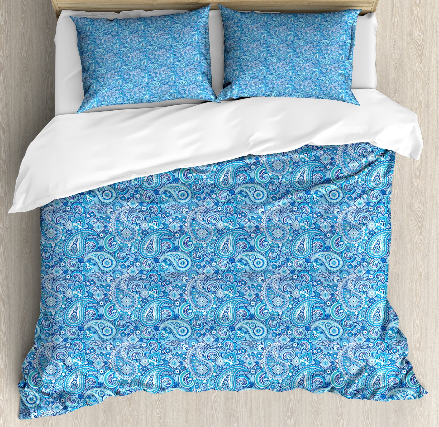 Blue Paisley Duvet Cover Set, Repetitive Folk Art Pine Cone Shaped ...