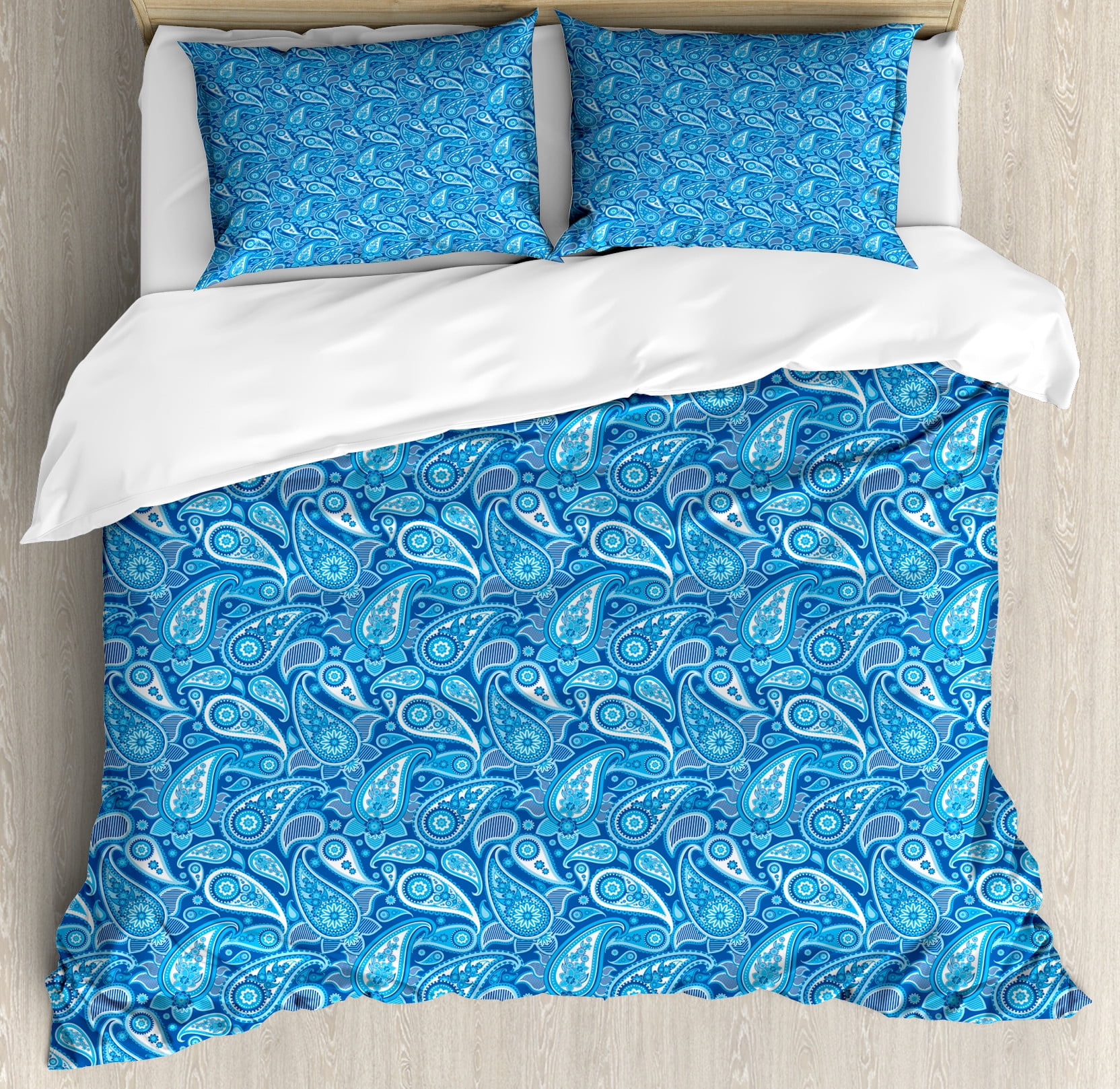 Blue Paisley Duvet Cover Set, Stripes Ovals Ethnic Ornaments Buta ...