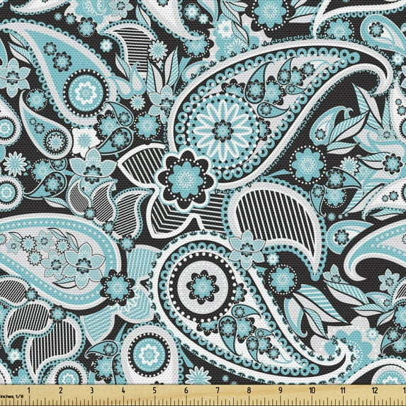 Ambesonne Blue Paisley Fabric by the Yard Upholstery, Flower Element ...