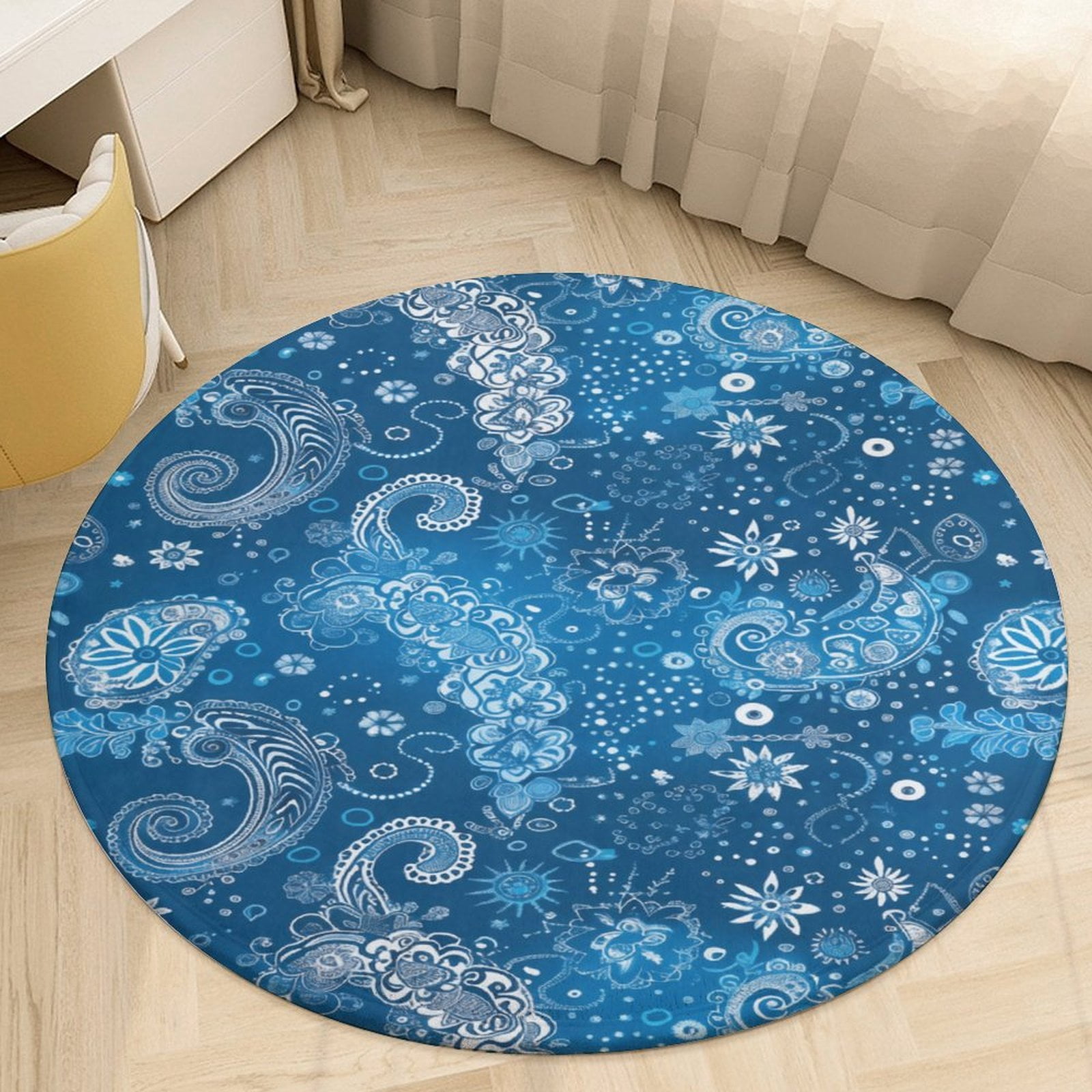 Blue Paisley Floral Pattern Background Design Round Rugs -Washable Non ...