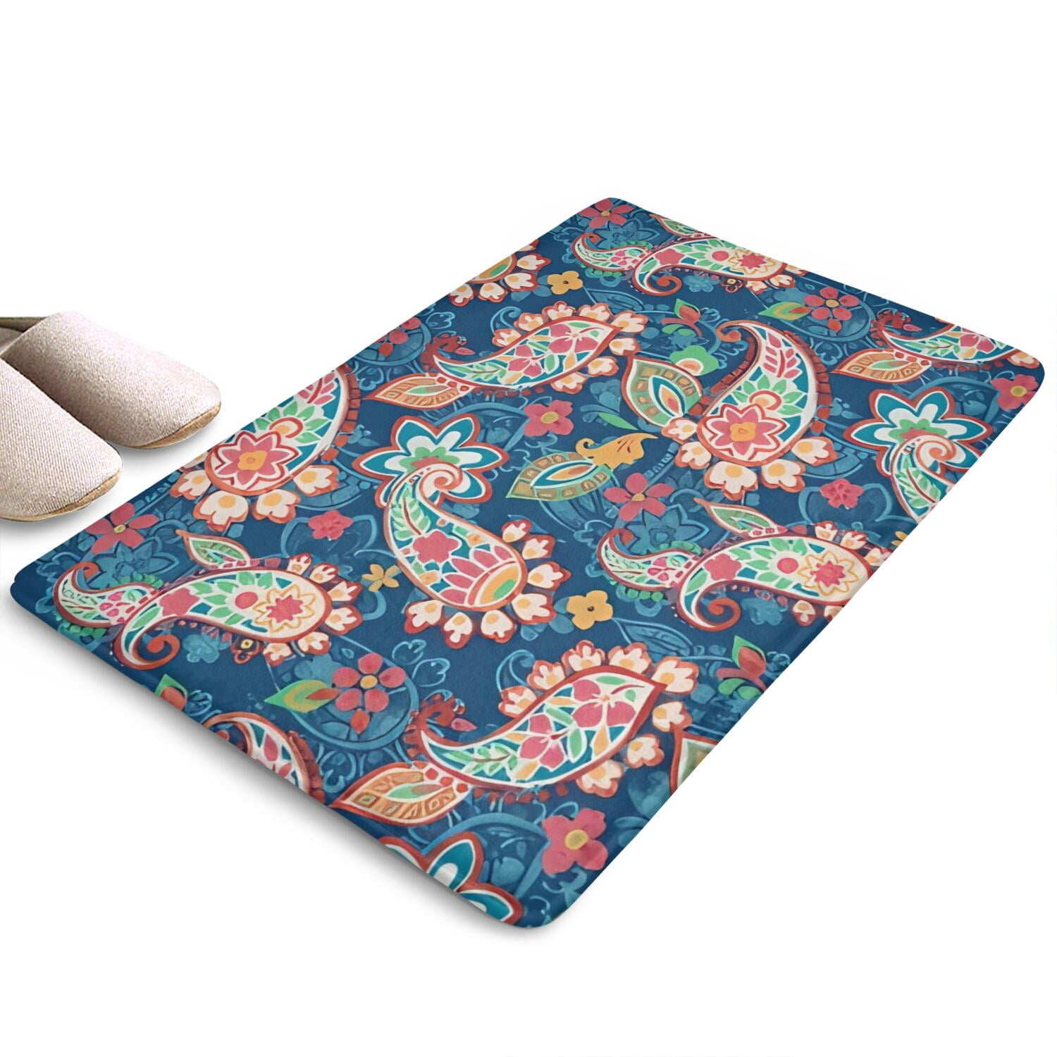 Blue Paisley and Floral Pattern Flannel Non Slip Door Rugs,Washable ...