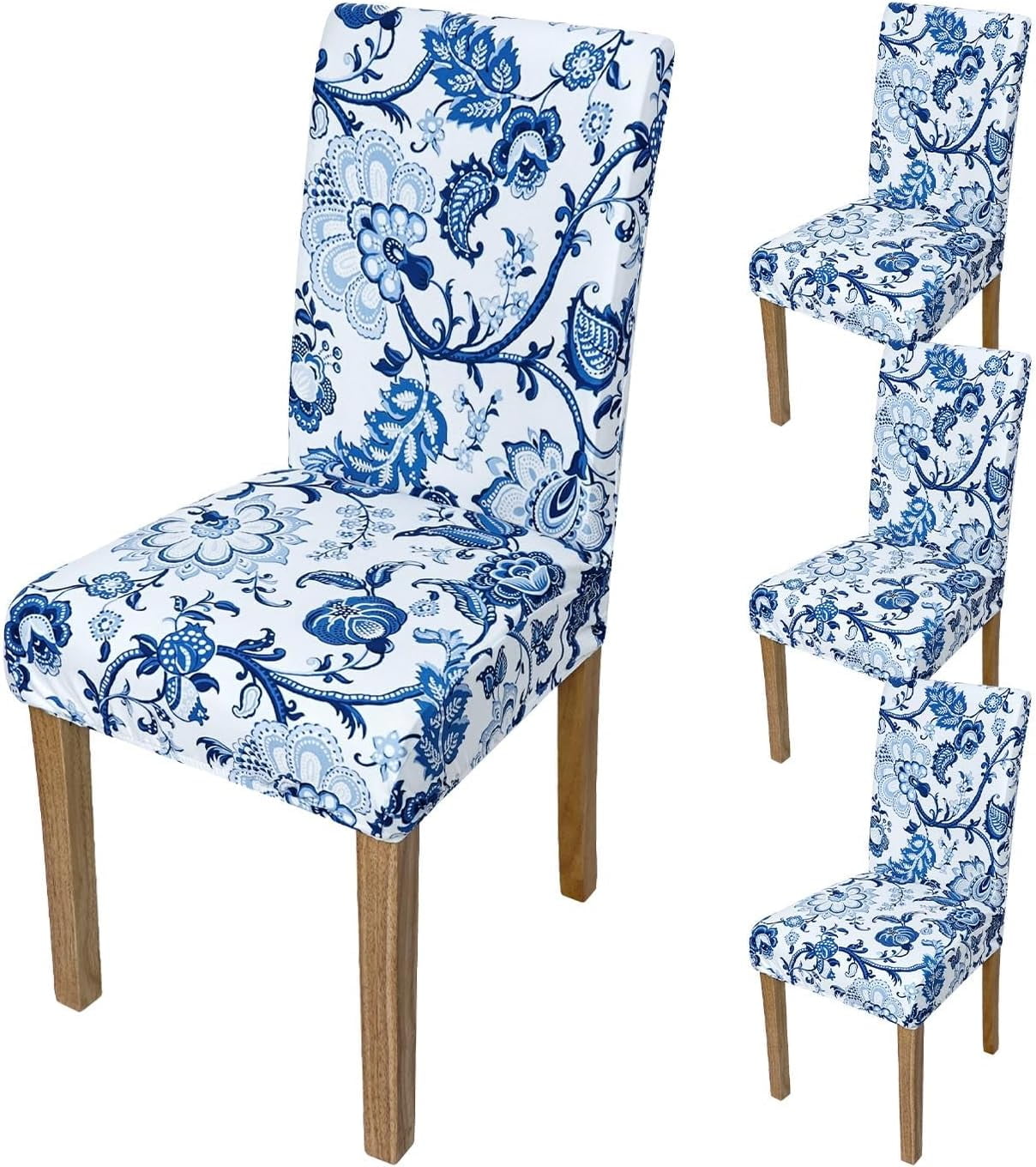 Blue Paisley Flower Stretchy Parson Chair Slipcovers for Dining Room ...