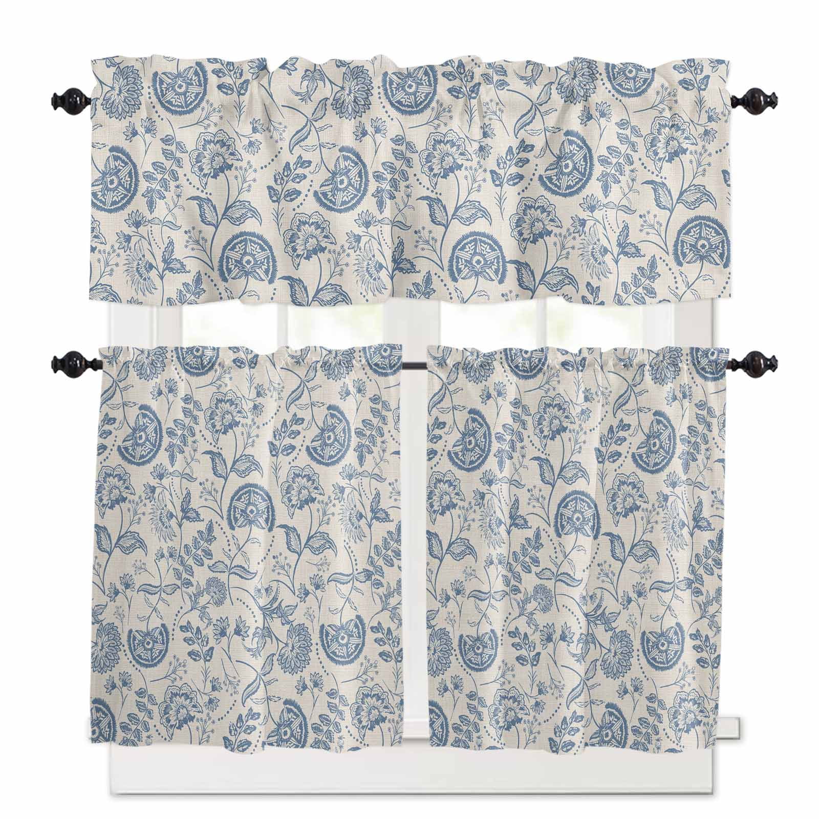 Blue Paisley Kitchen Curtains Set for Windows 3 Pieces,24 Inch Length ...