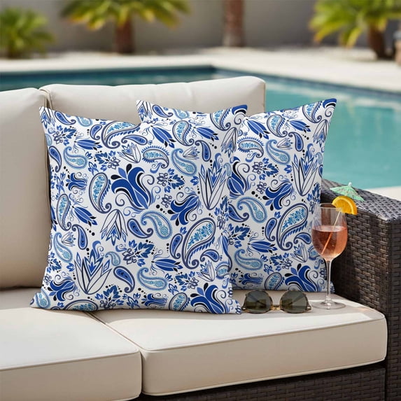 Blue Paisley Outdoor Throw Pillow Covers Set of 2, Gradient Flowers ...