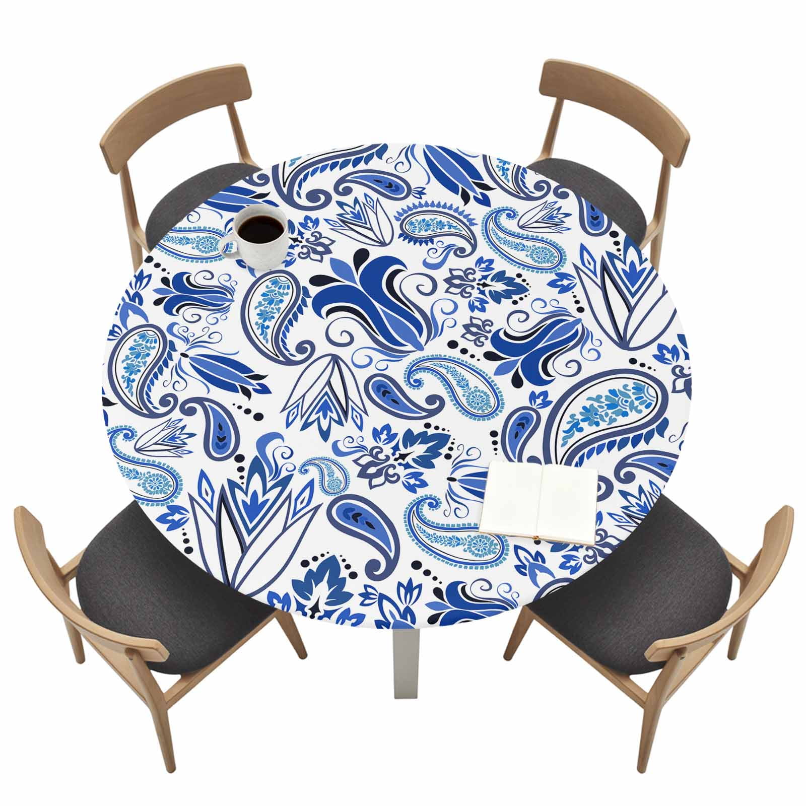 Blue Paisley Round Fitted Tablecloth with Elastic Edge Gradient Flowers ...