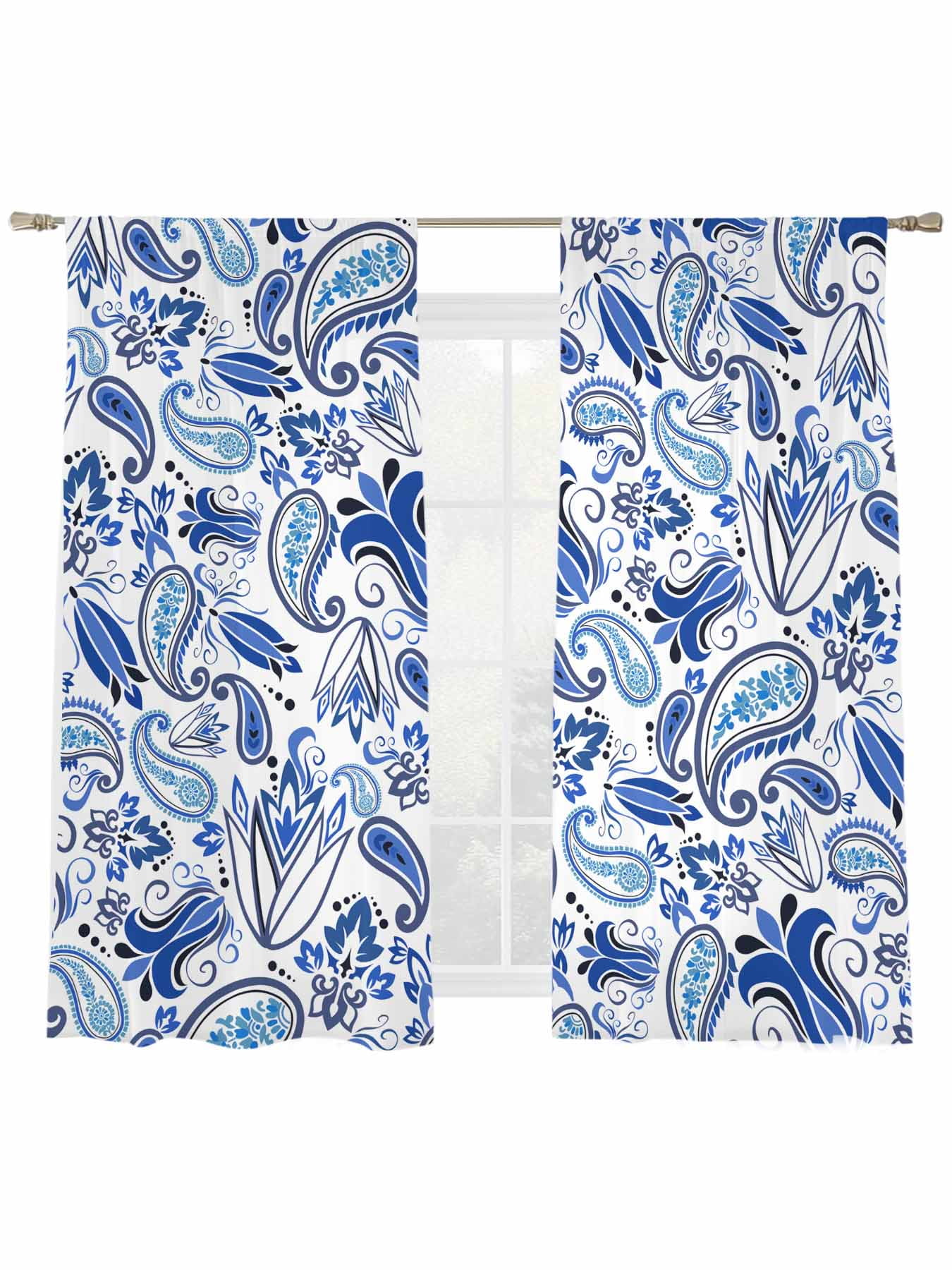 Blue Paisley Sheer Curtains 2 Panels Set Gradient Flowers Sheer Window ...