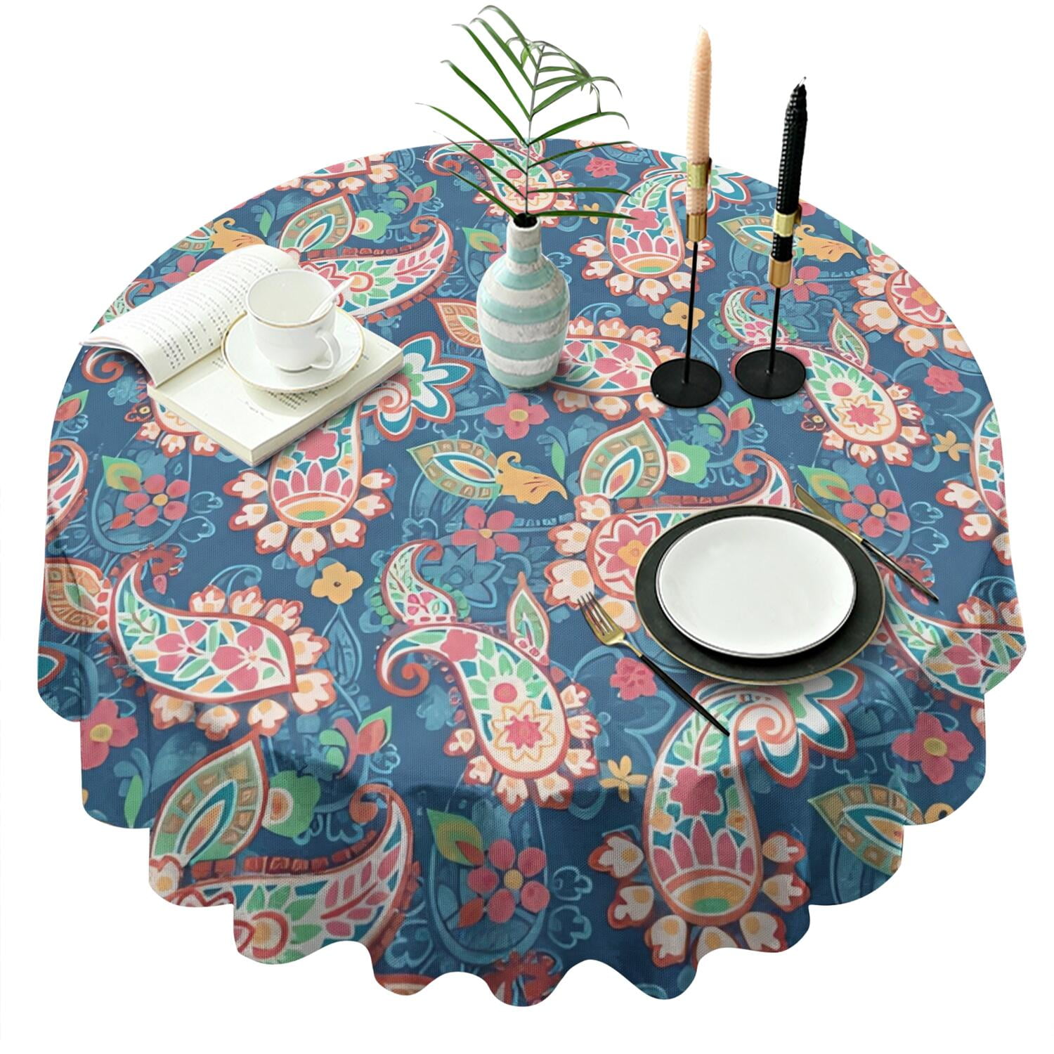 Blue Paisley and Floral Pattern Round Tablecloth 60"x60",Wrinkle ...