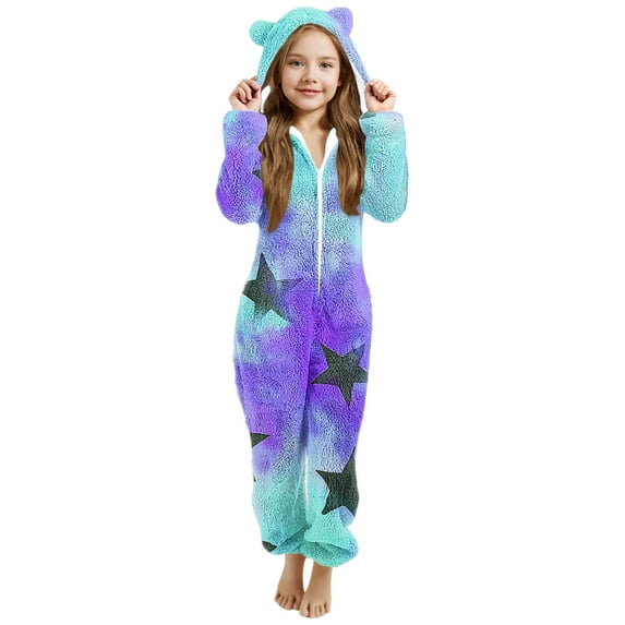 Blue Pajama for Women Fall Winter Gradient Star Brunch Warm Fuzzy Hooded Jumpsuits Trousers ...