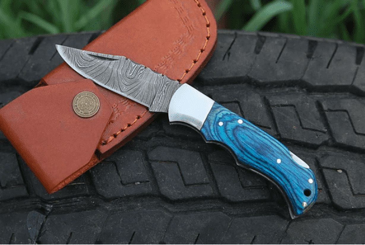 Blue Pakka Wood Damascus Steel Back Lock Pocket Knife With Stainless ...