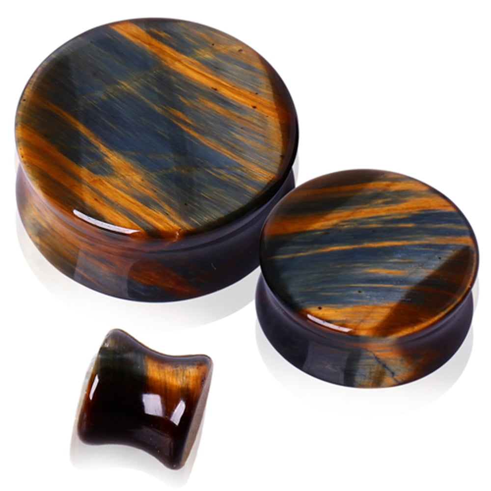 Blue Palm Jewelry Pair of Natural Blue Tiger Eye Stone Saddle Plug ...