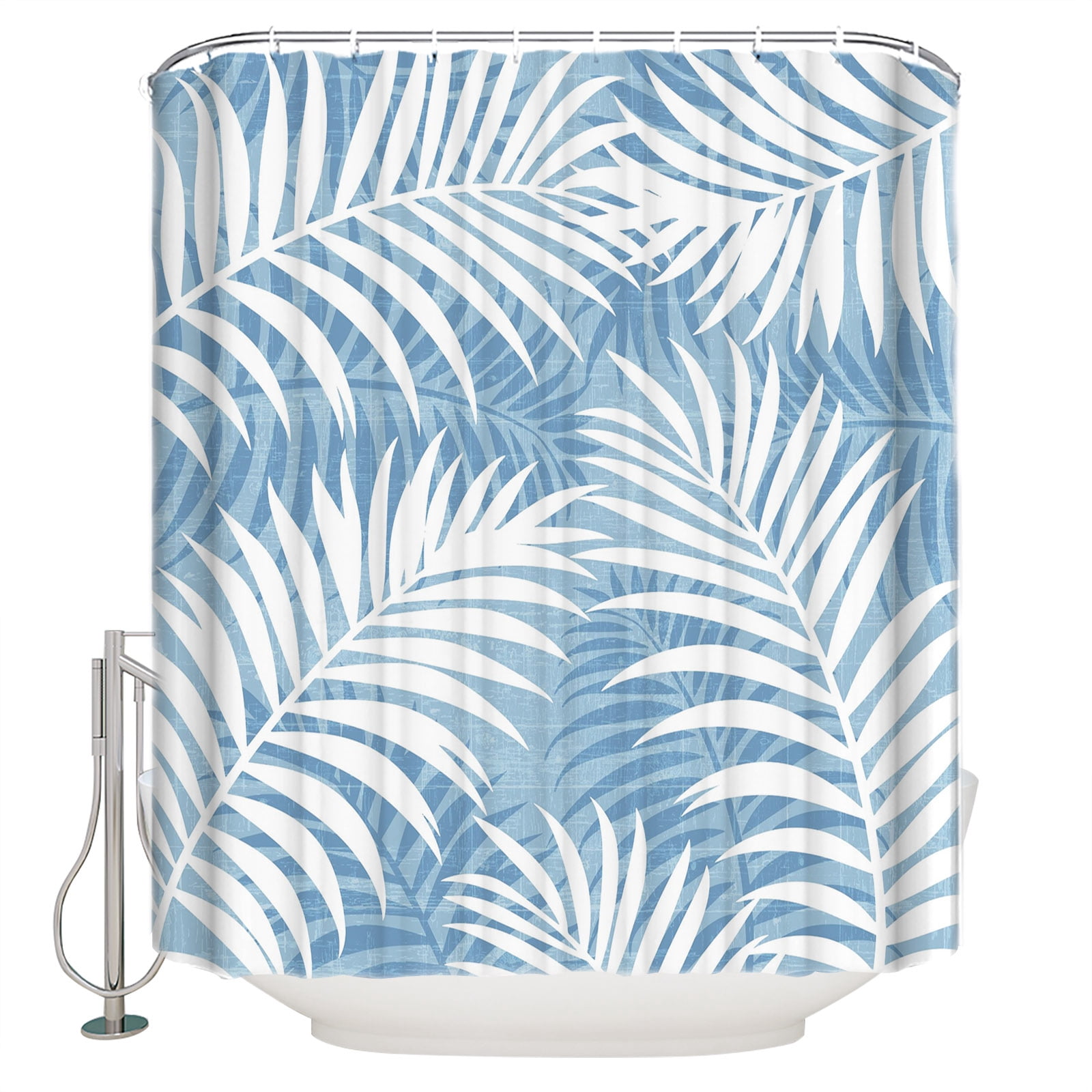 Blue Palm Leaf Bathroom Shower Curtains with 12 Hooks Polyester ...