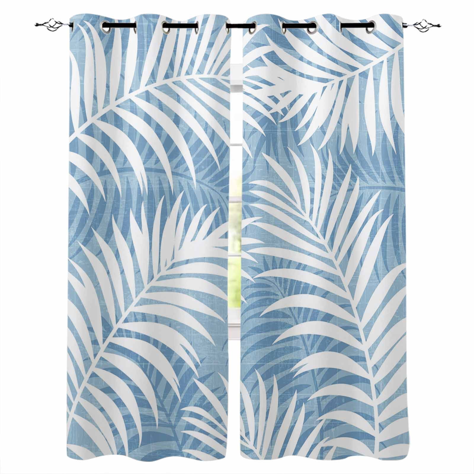 Blue Palm Leaf Blackout Curtains for Bedroom/Living Room, Thermal ...