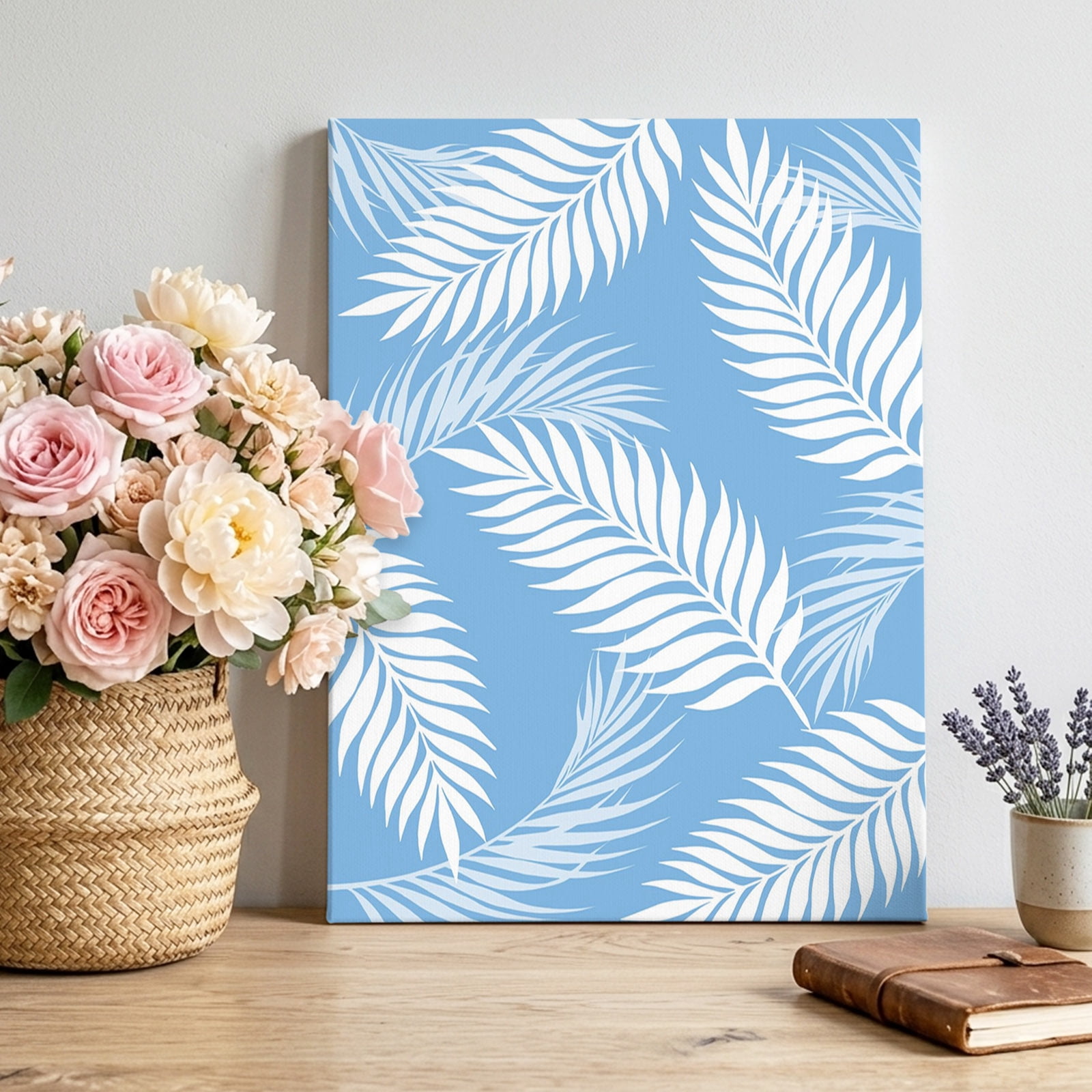 Blue Palm Leaf Canvas Wall Art for Living Room, Summer Country Tropical ...
