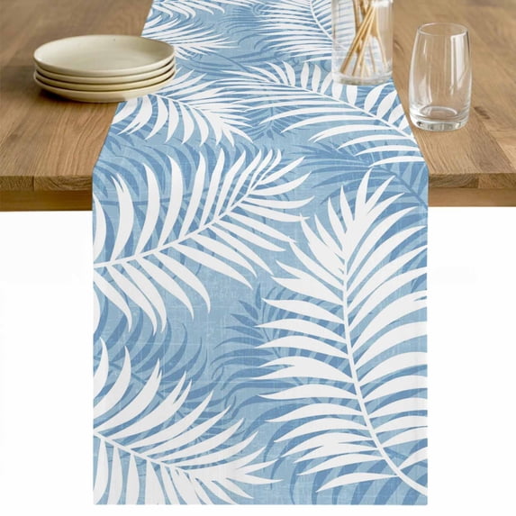 Blue Palm Leaf Cotton Linen Rectangle Table Runners 13"x108", Summer ...