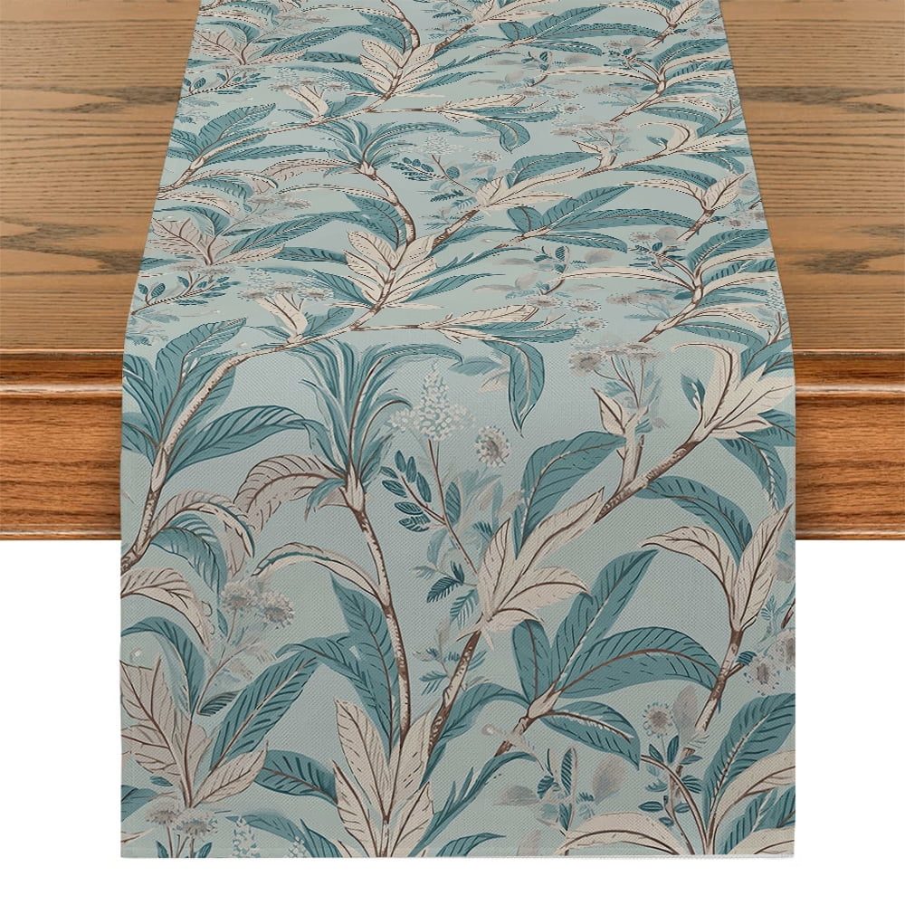 Blue Palm Leaf Plant Leaves Table Runner Kitchen Dining ration Table ...