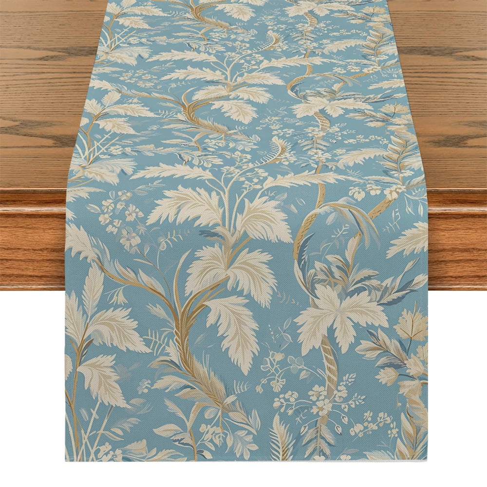 Blue Palm Leaf Plant Leaves Table Runner Kitchen Dining ration Table ...