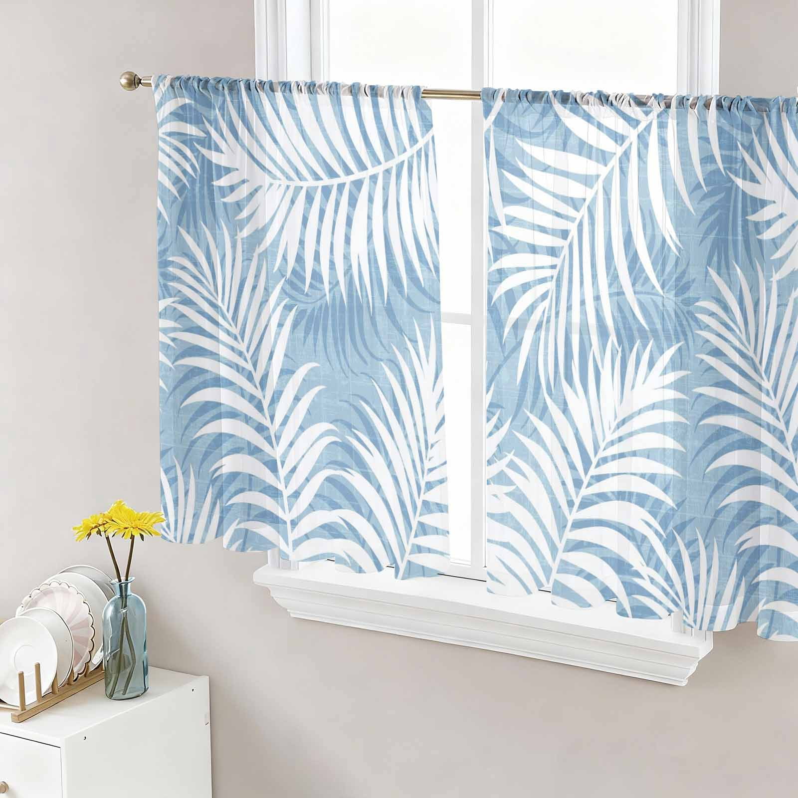 Blue Palm Leaf Sheer Curtains for Living Room Bedroom Summer Coastal ...