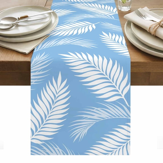 Blue Palm Leaf Table Runner, Summer Country Tropical Pastoral Botanical ...