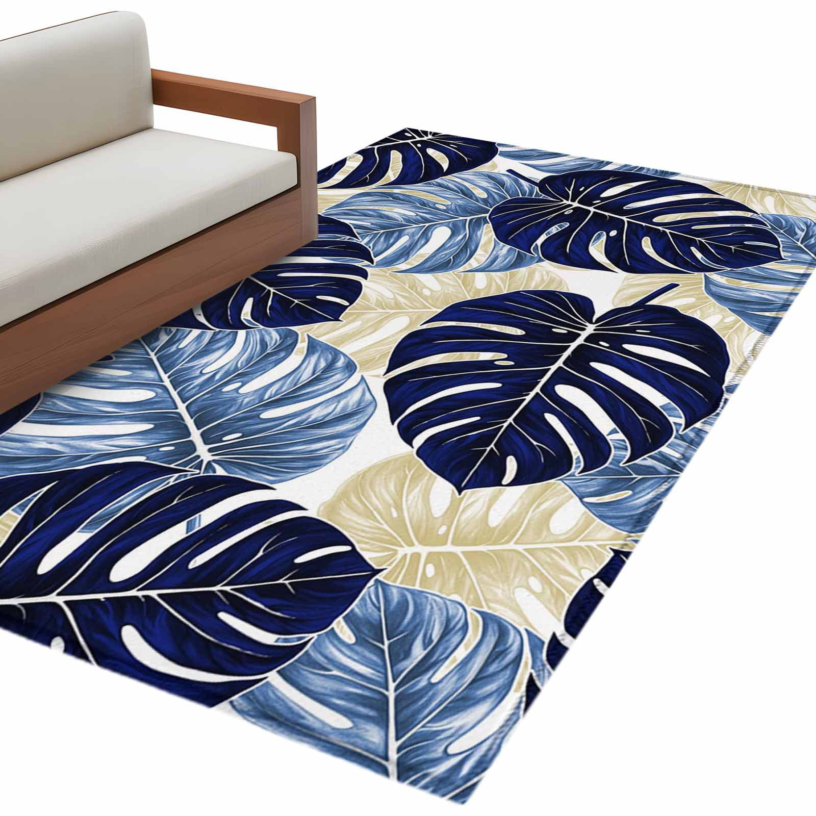 Blue Palm Leaves Area Rug Washable 3x5 Entryway Rug Non-Slip Indoor Low ...