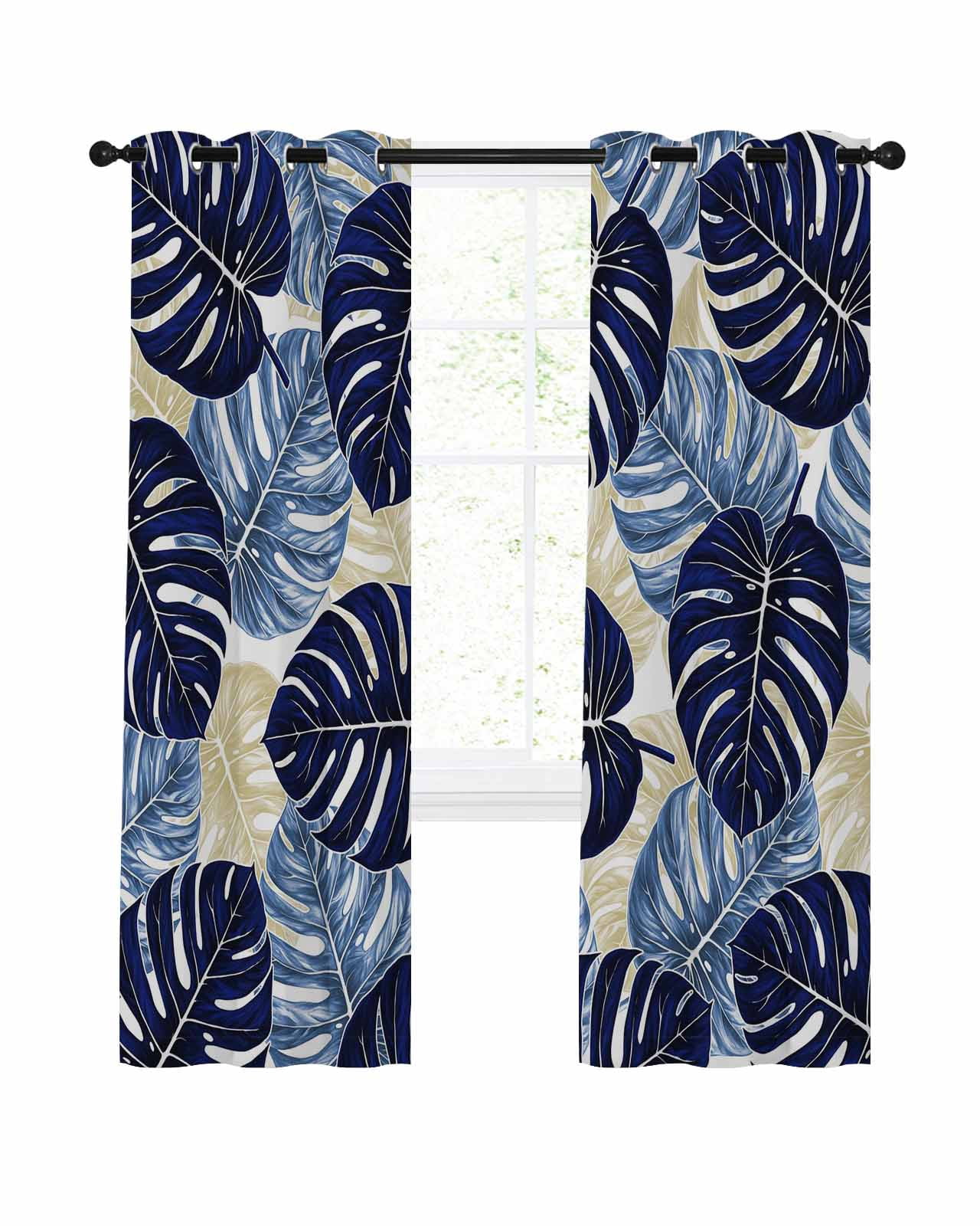 Blue Palm Leaves Blackout Curtains, Light Blocking Print Window ...