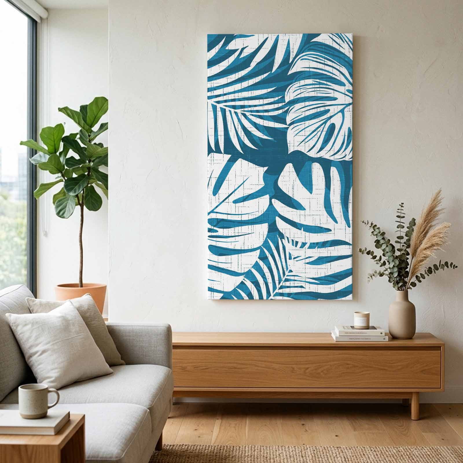 Blue Palm Leaves Canvas Wall Art for Living Room, Monstera Tropical ...