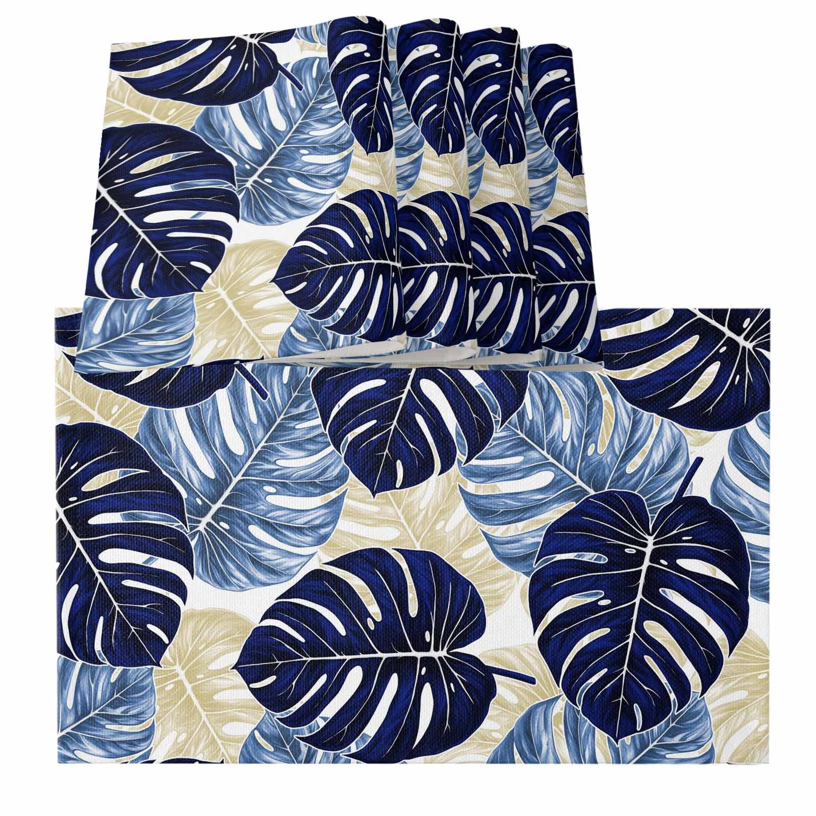 Blue Palm Leaves Farmhouse Summer Beige Tropical Plants Burlap Kitchen ...