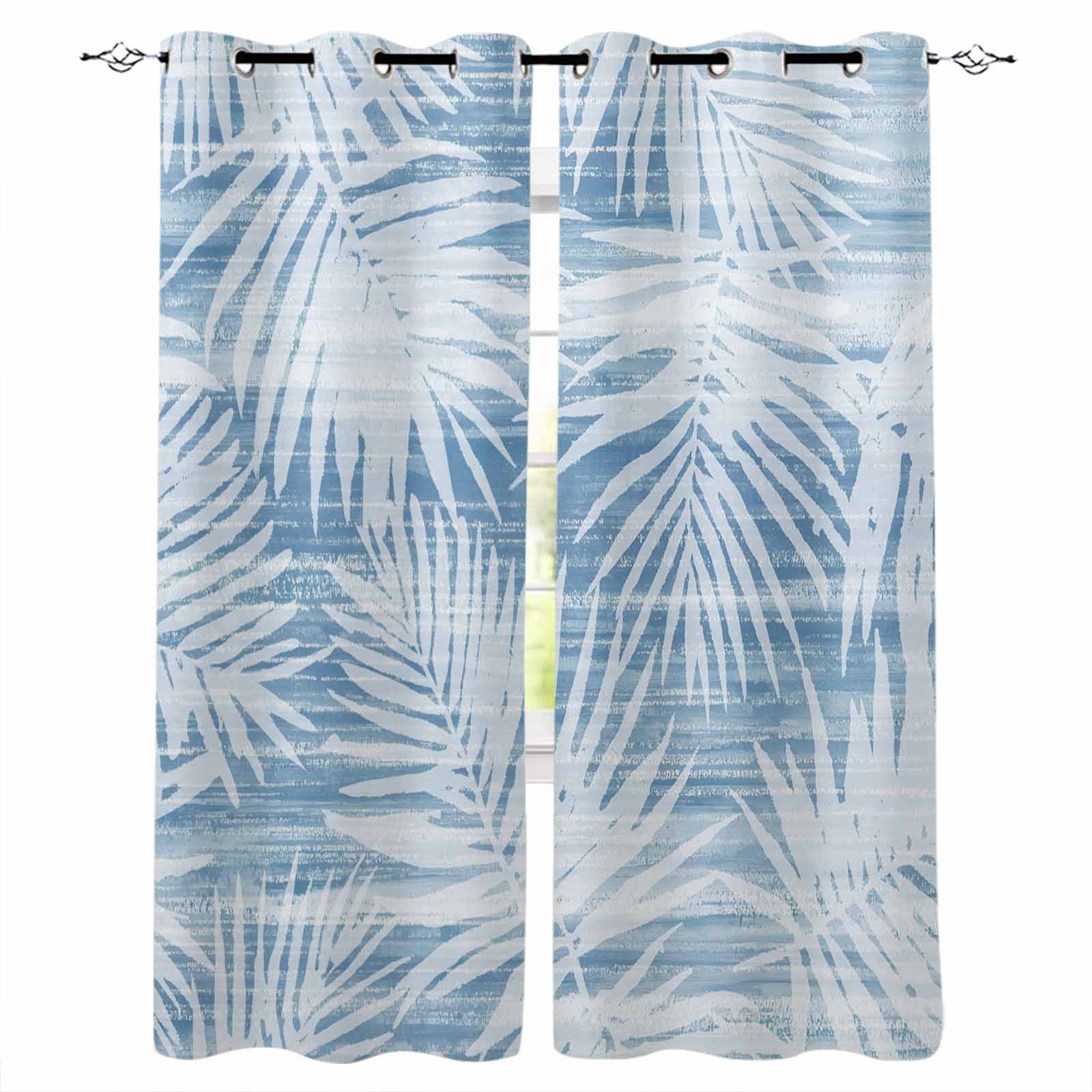 Blue Palm Leaves Kitchen Curtains Summer Tropical Botanical Coastal ...