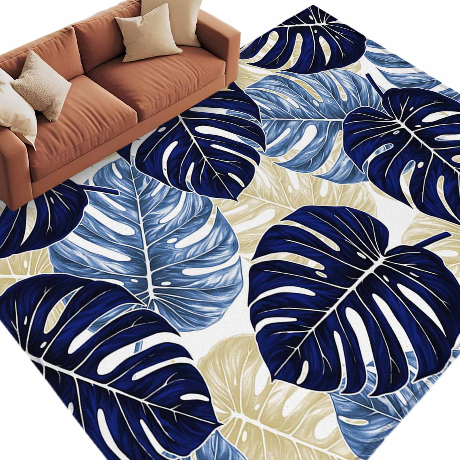 Blue Palm Leaves Large Area Rugs for Bedroom Living Room, Soft Non Slip ...