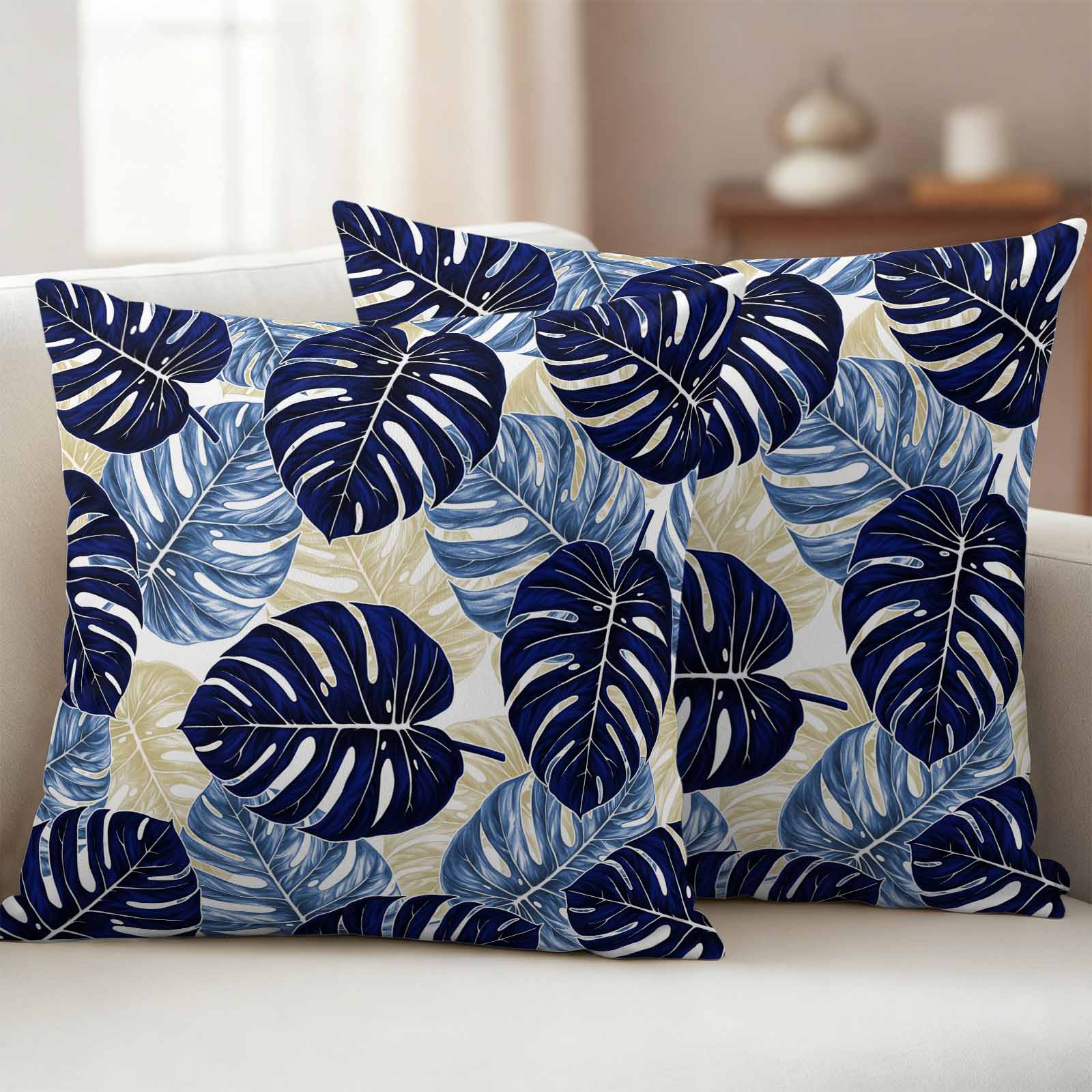Blue Palm Leaves Outdoor Waterproof Throw Pillow Covers 20x20 Set of 2 ...