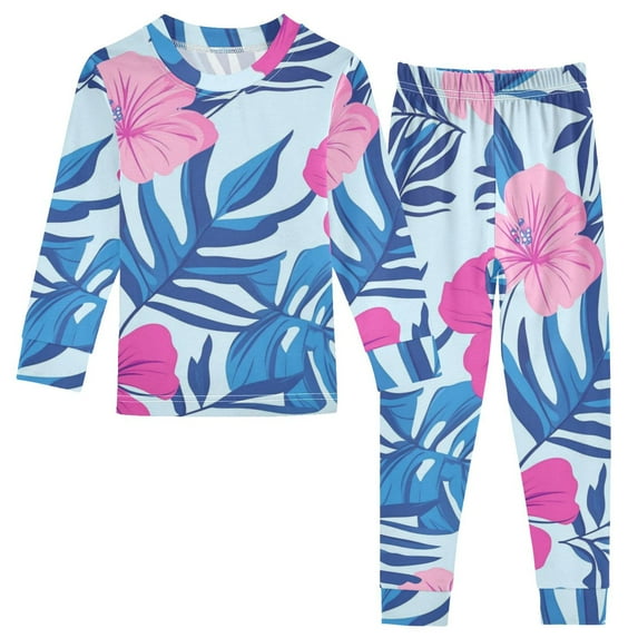 Blue Palm Leaves Pinkish Flowers Hawaii Cotton Pajama Set Long Sleeve ...