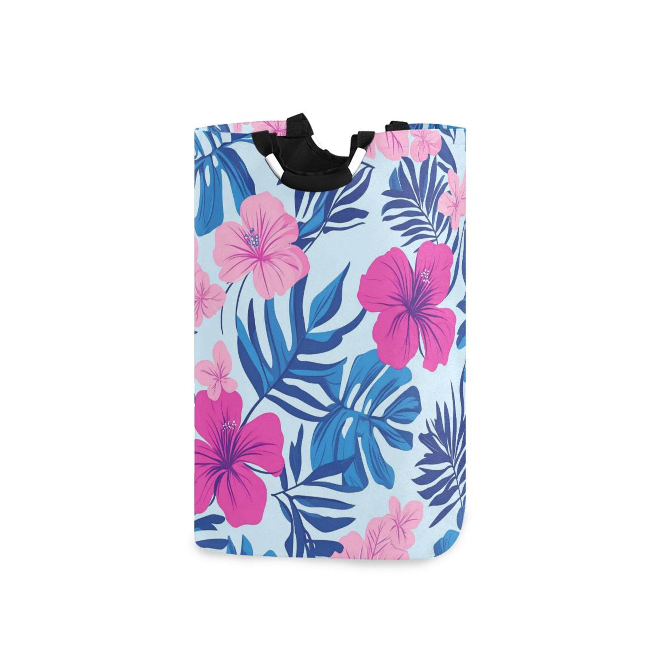 Blue Palm Leaves Pinkish Flowers Hawaii Laundry Basket with Handles ...