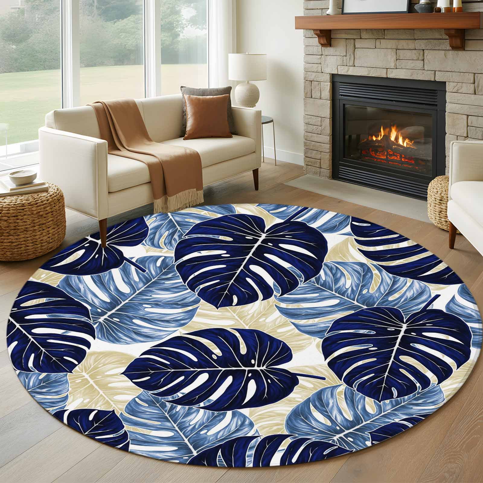 Blue Palm Leaves Round Area Rug 6 FT, Non Slip Bedroom Area Rug ...