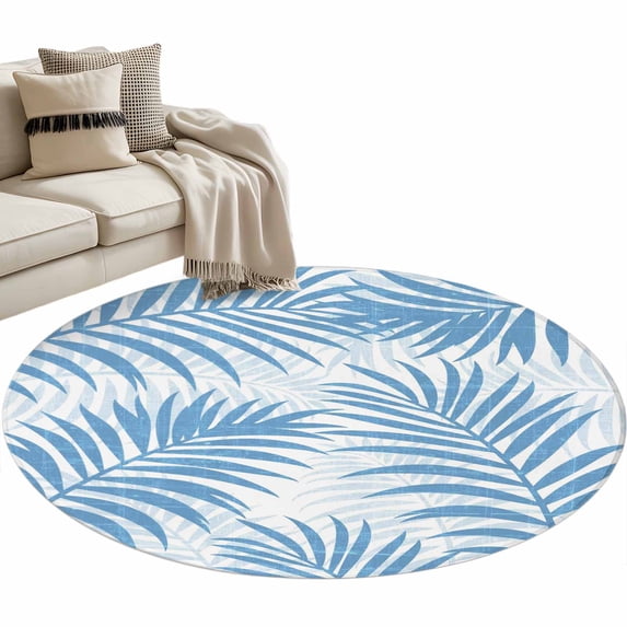 Blue Palm Leaves Round Rug 4ft Washable Circle Entryway Rugs Non Slip ...