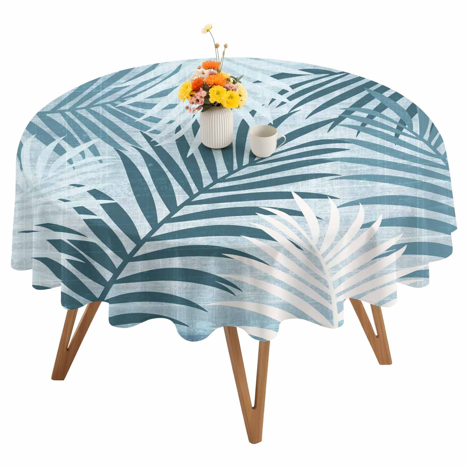 Blue Palm Leaves Round Tablecloth 54 inches Summer Botanical Vintage ...