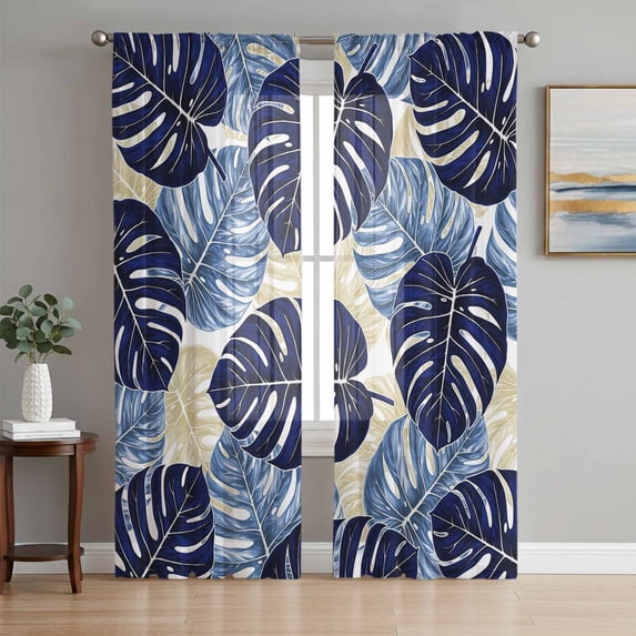 Blue Palm Leaves Sheer Curtains 96 Inch Length 2 Panels Set, Farmhouse ...