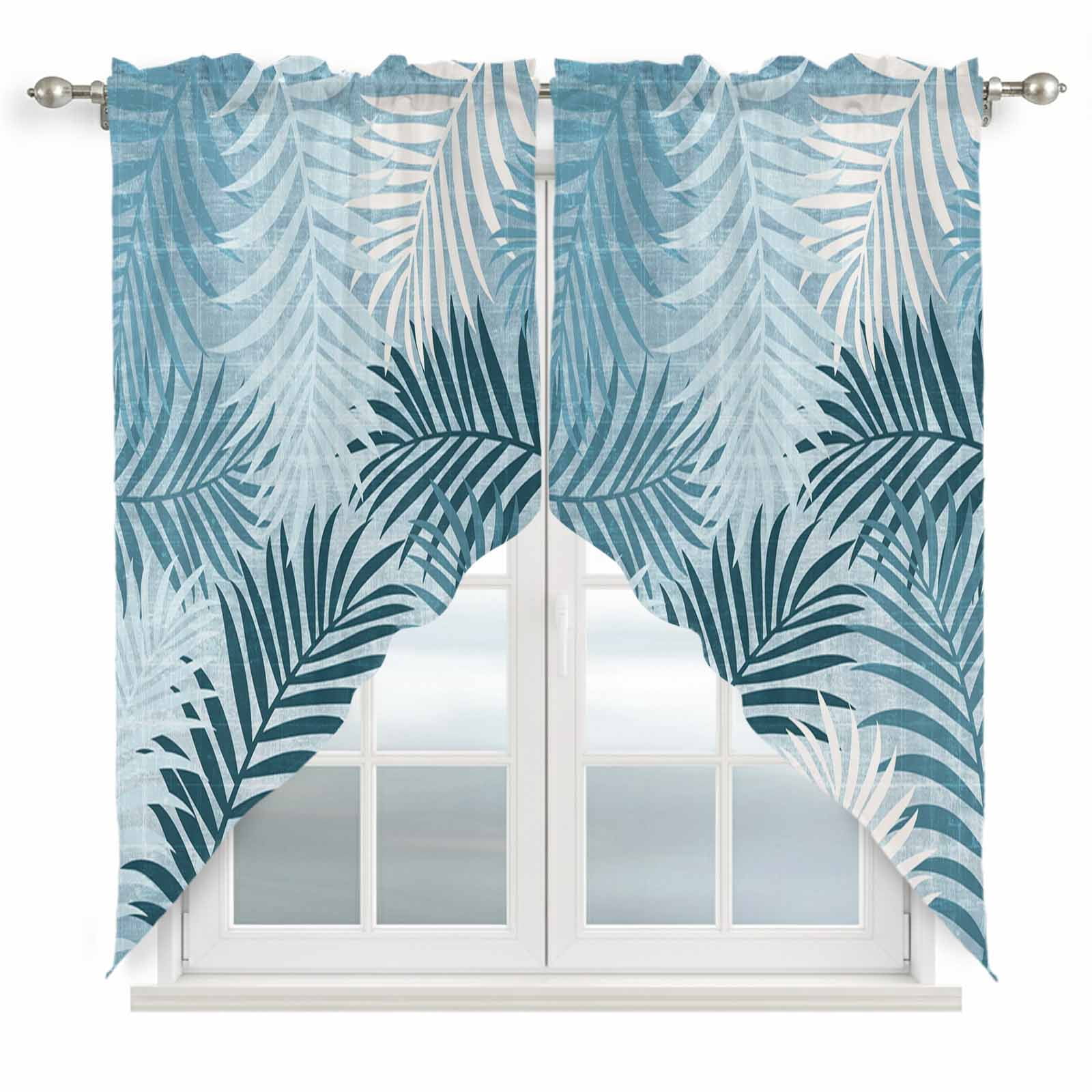 Blue Palm Leaves Swag Valances for Windows 2 Pack Summer Botanical ...