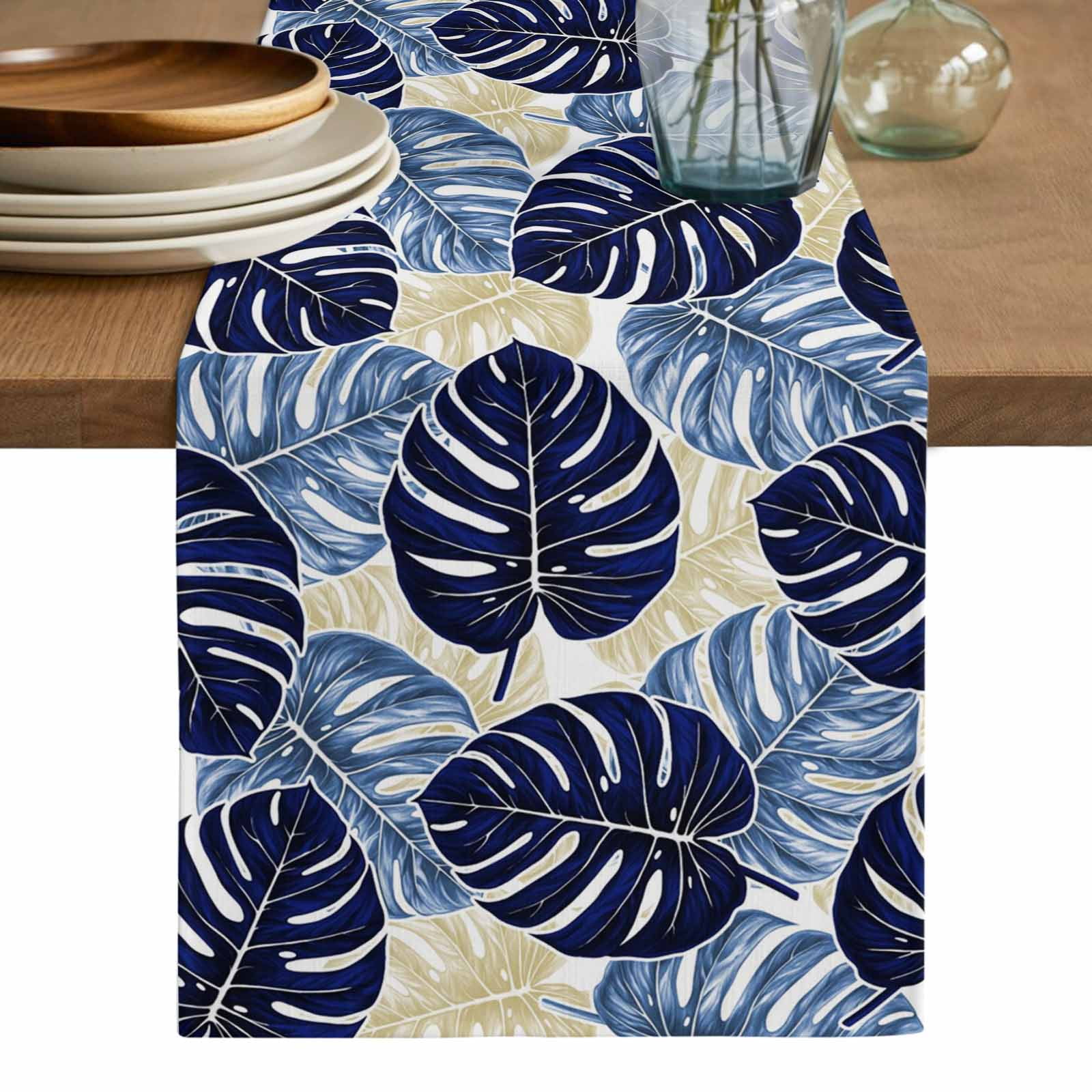Blue Palm Leaves Table Runner, Farmhouse Summer Beige Tropical Plants ...
