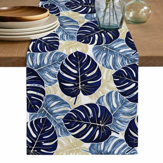 Blue Palm Leaves Table Runner, Farmhouse Summer Beige Tropical Plants ...