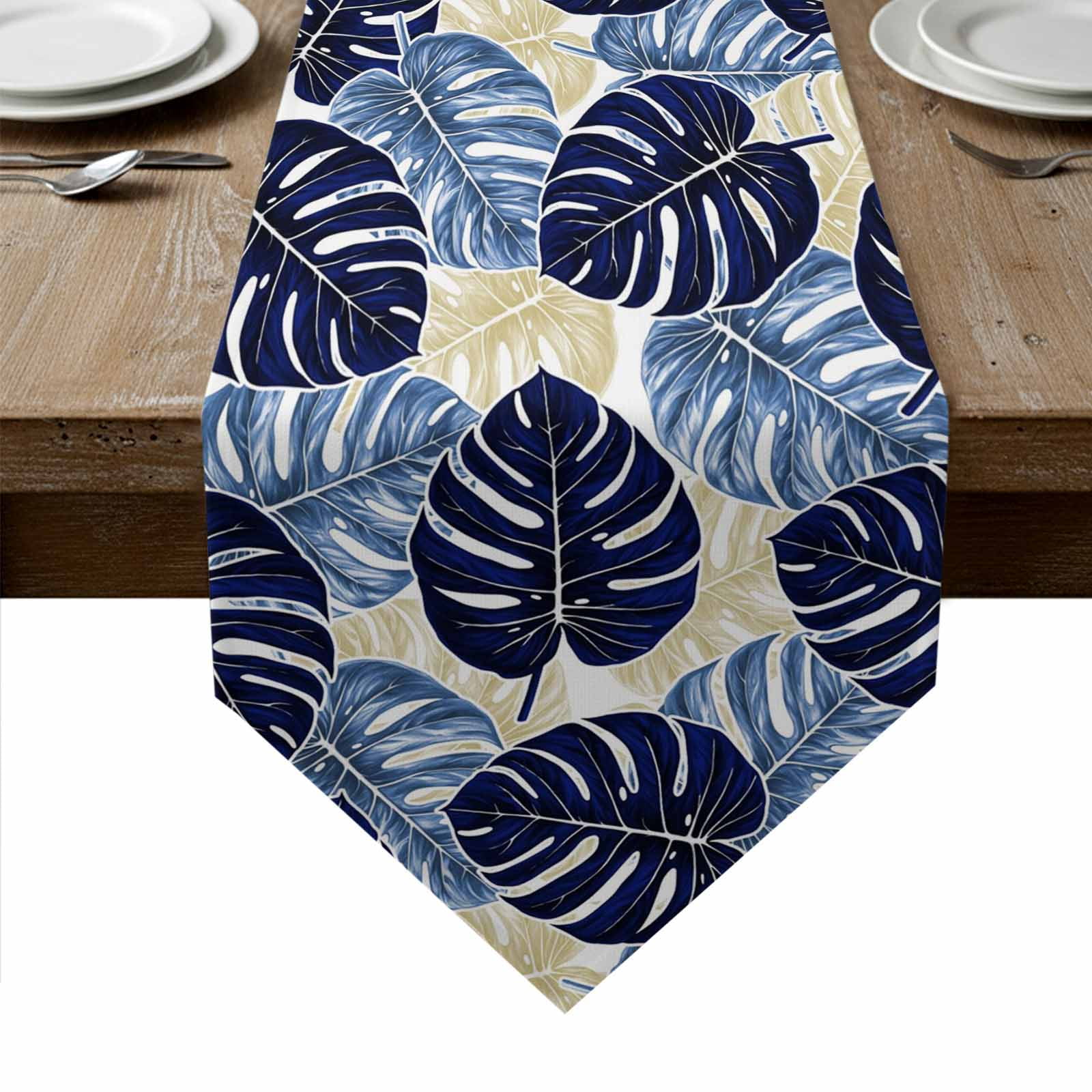 Blue Palm Leaves Table Runner Linen Burlap Table Runner 48 Inches Long ...