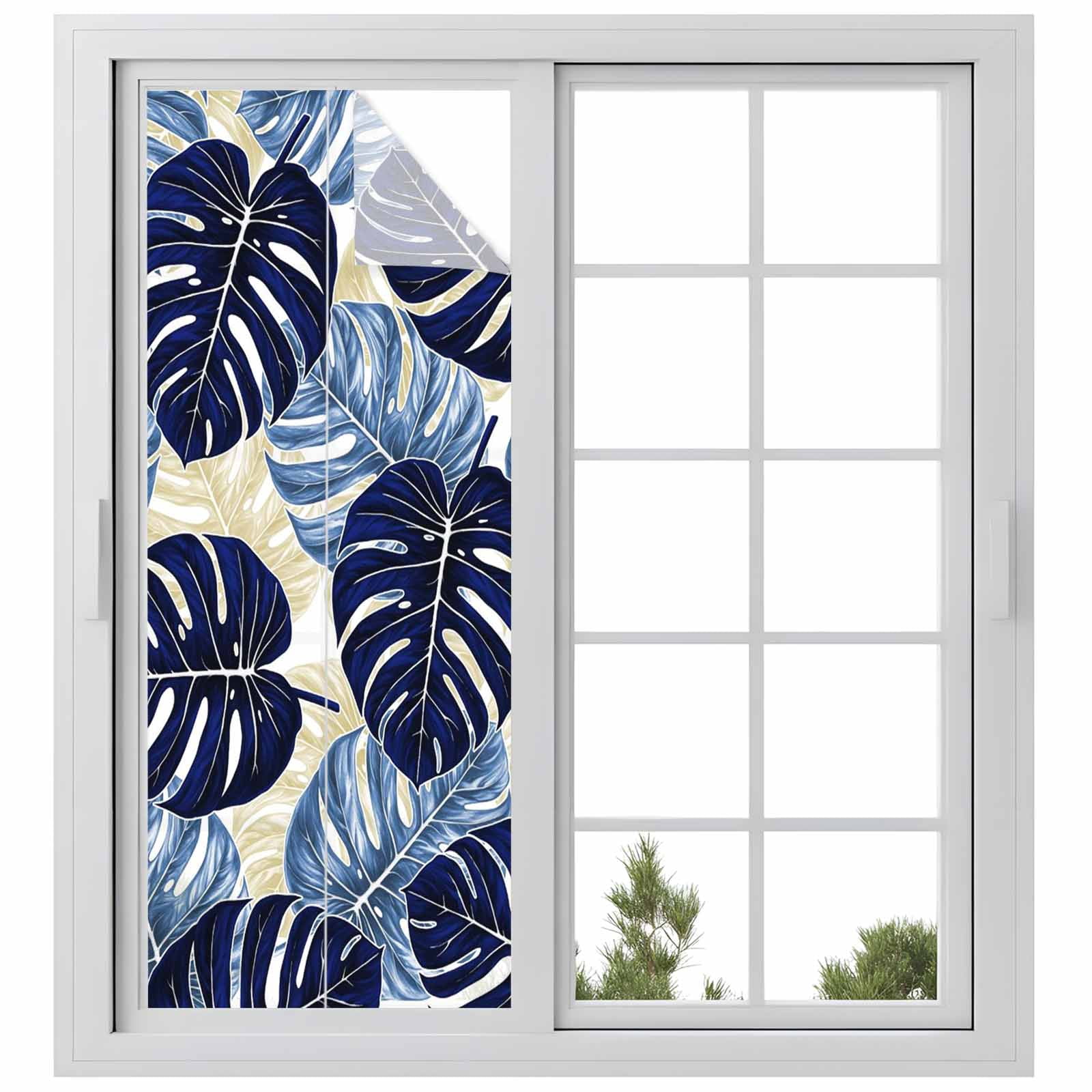 Blue Palm Leaves Window Privacy Film, Farmhouse Summer Beige Tropical ...