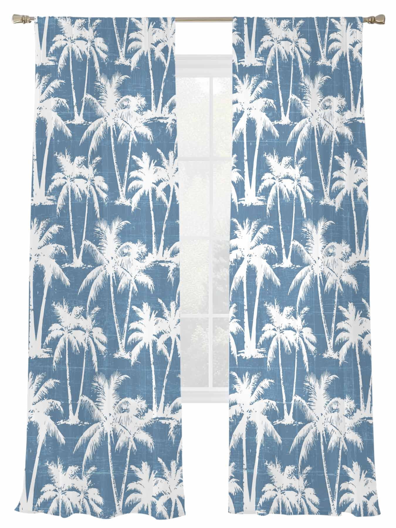 Blue Palm Sheer Curtains 84 inches Long 2 Panels Set Summer Banana Leaf ...