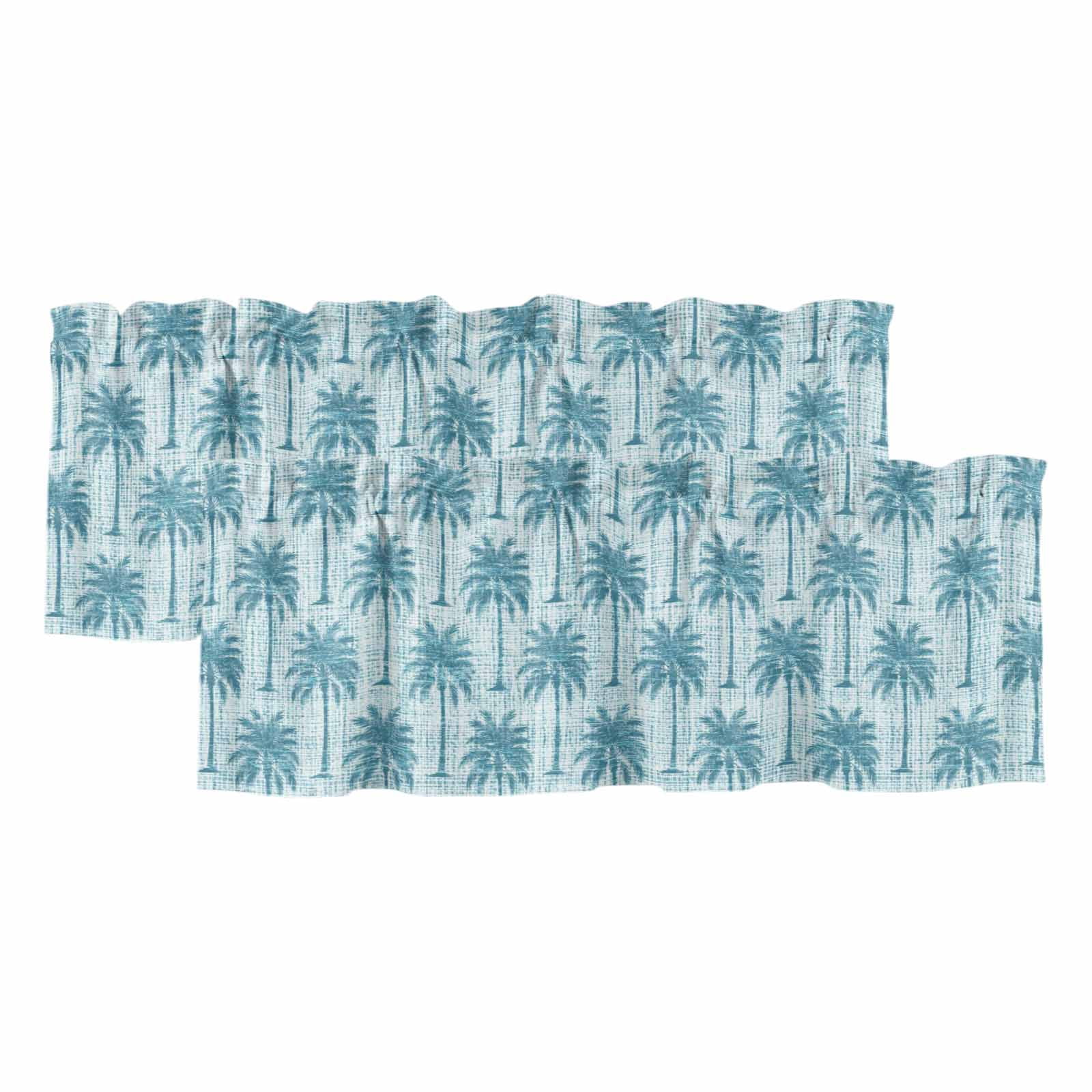 Blue Palm Tree 2 Panels Kitchen Valance, Country Linen Texture Tropical ...