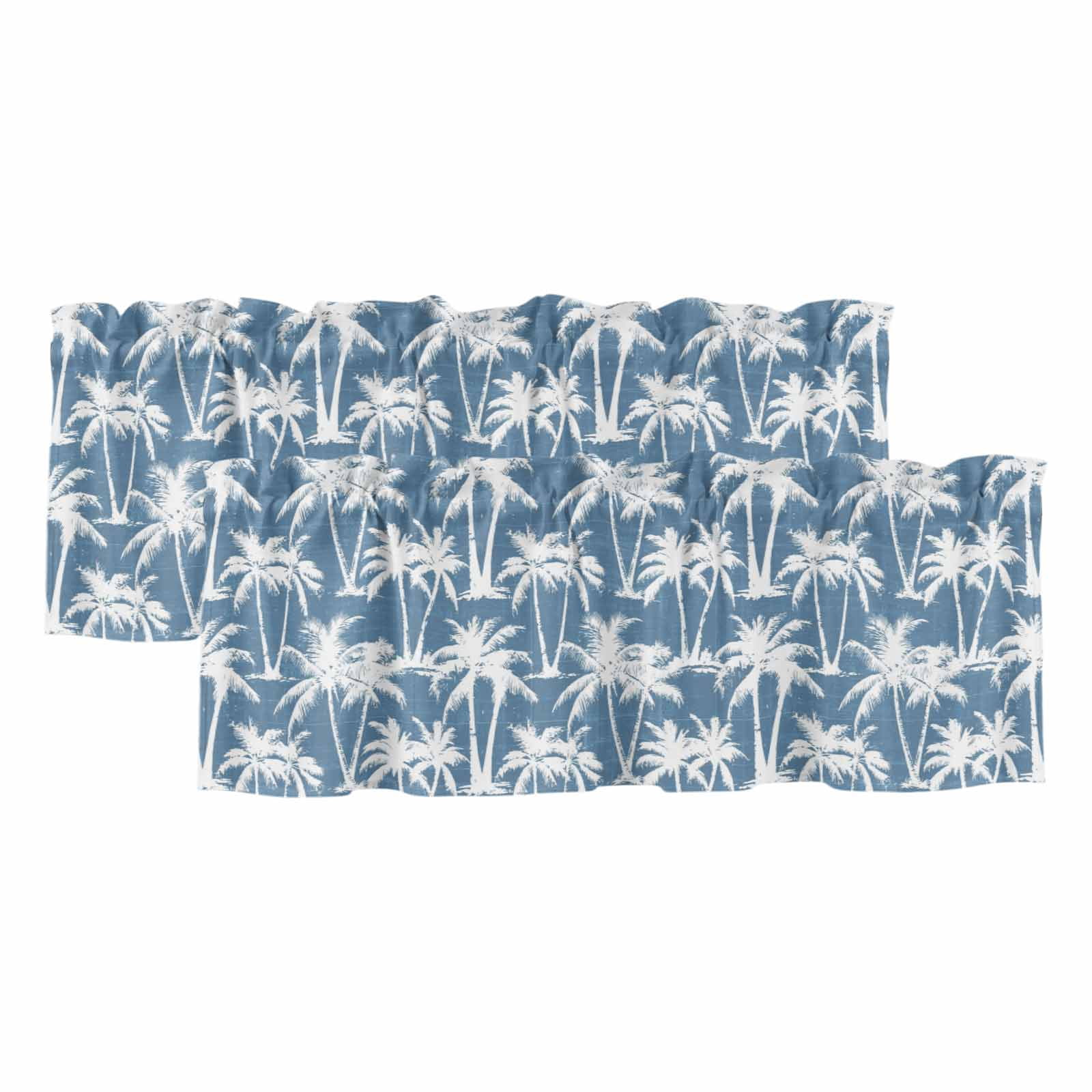 Blue Palm Tree 2 Panels Kitchen Valance, Summer Tropical Coastal ...