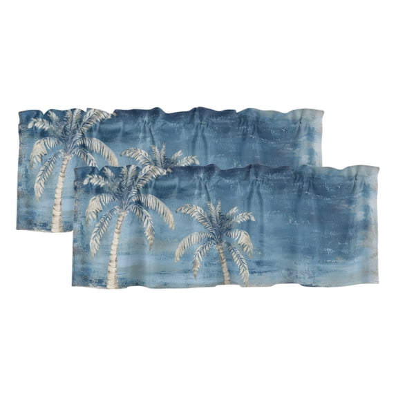 Blue Palm Tree 2 Panels Kitchen Valance, Tropical Plant Summer Abstract ...